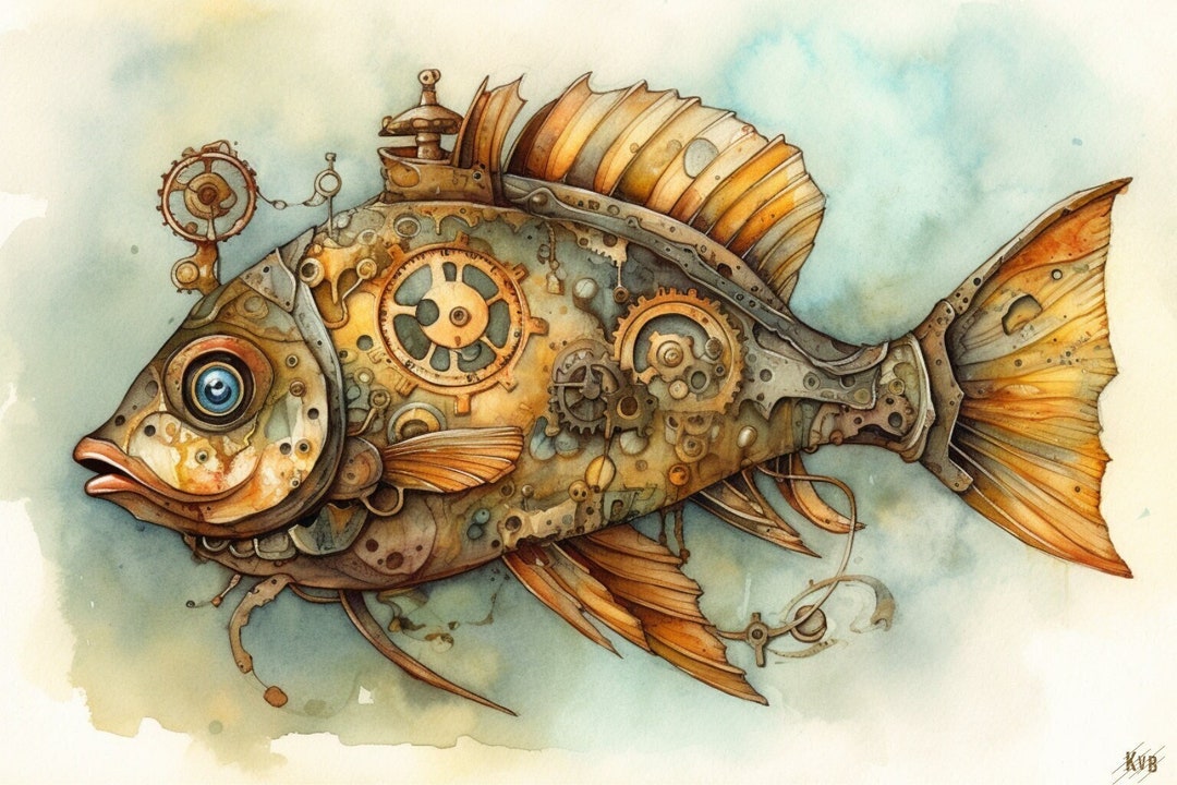 Steampunk Fish, Watercolor Art, Fish Art, Steampunk Art, Wall Art, Home ...