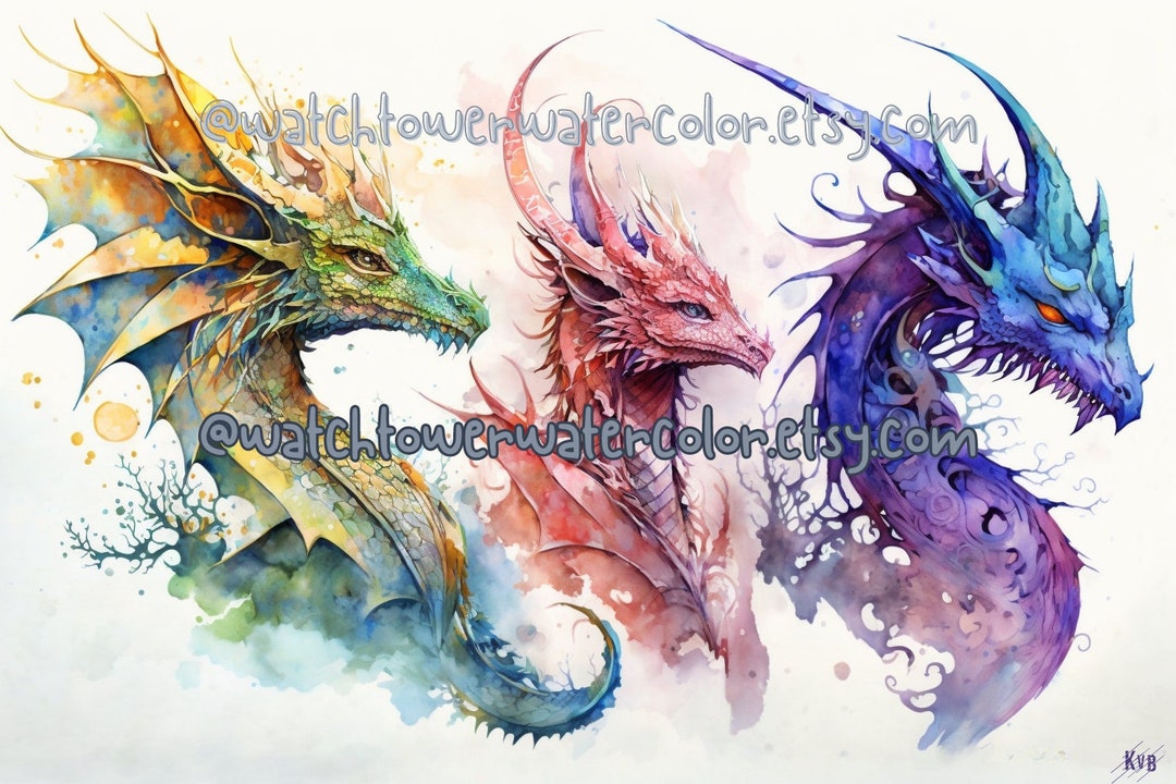 Three Proud Dragons, Fantasy Watercolor Art, Wall Art, Home Office ...