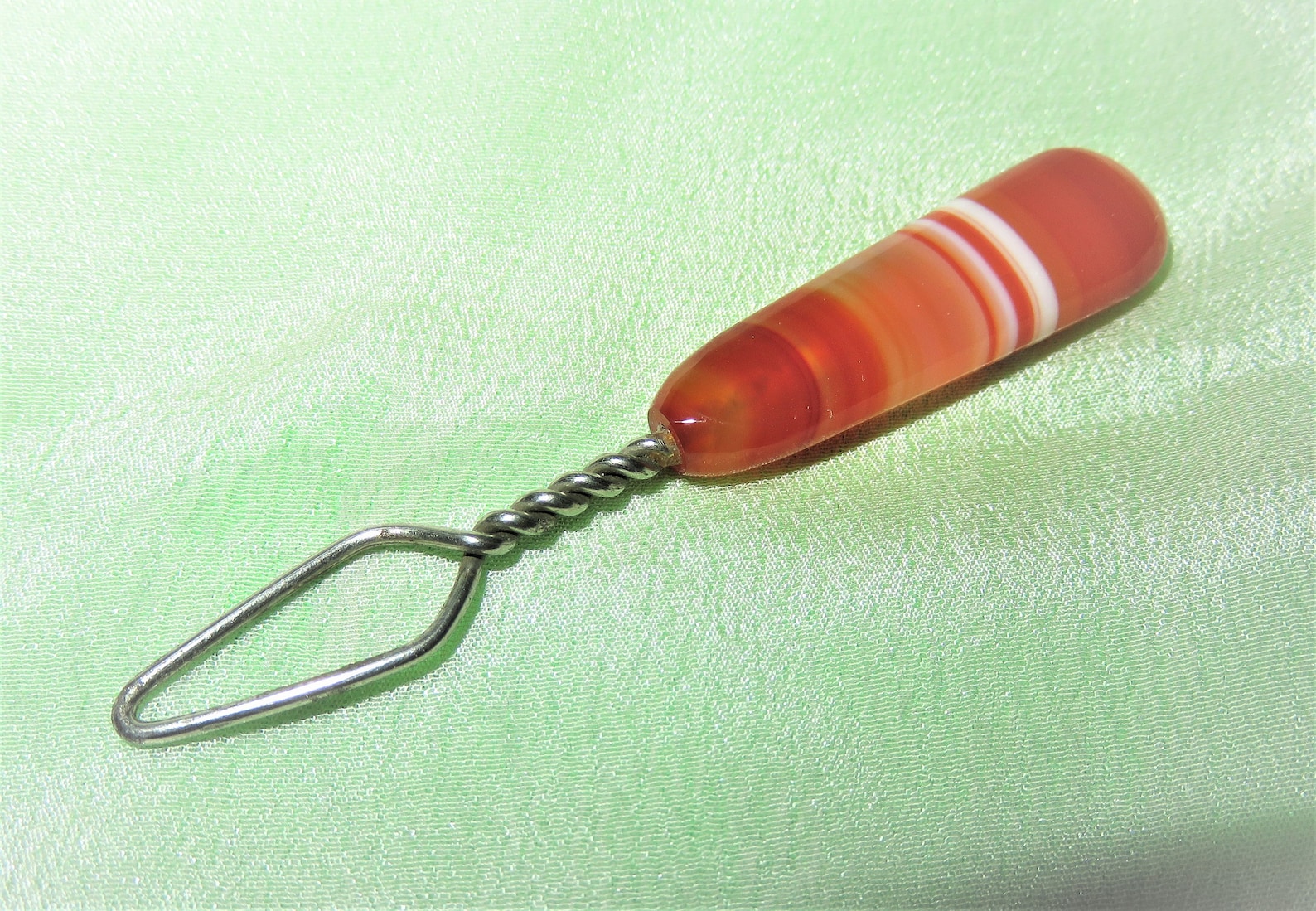Antique Polished Banded Agate Handle Carved Button Hook-silver Metal ...