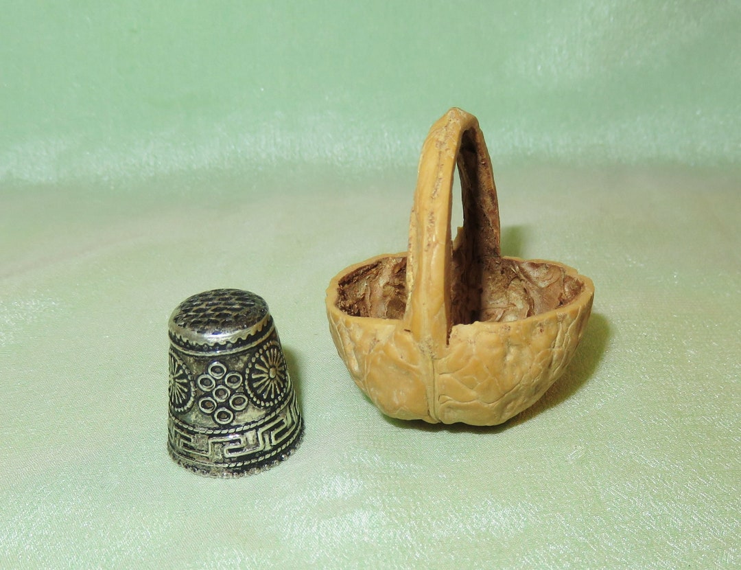 Vintage Carved Walnut Shell Thimble Holder Basket With Handle ...