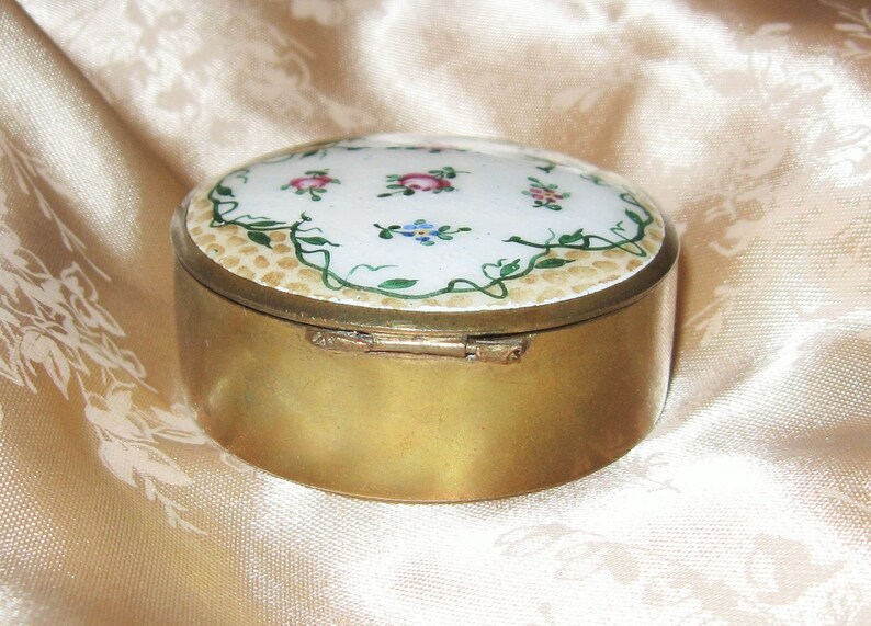 Fine Antique Brass & Hand Painted Floral Enamel Box-hinged Mirrored Box ...