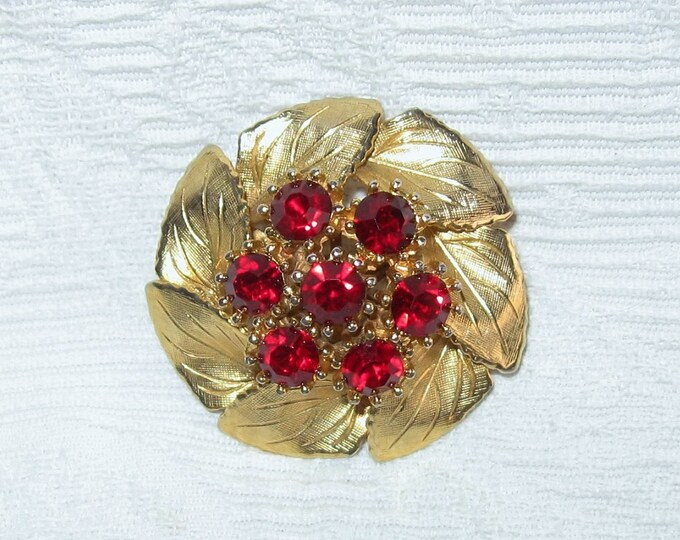 Elegant Vintage Gold Leaf Ruby Red Rhinestones Flower Brooch Pin Gold ...