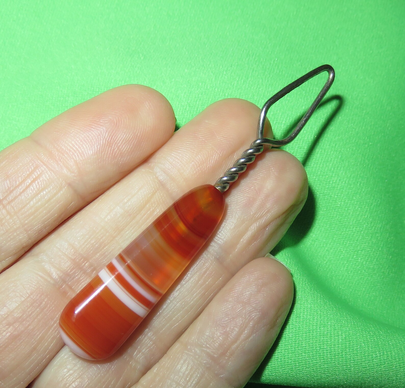 Antique Polished Banded Agate Handle Carved Button Hook-silver Metal ...