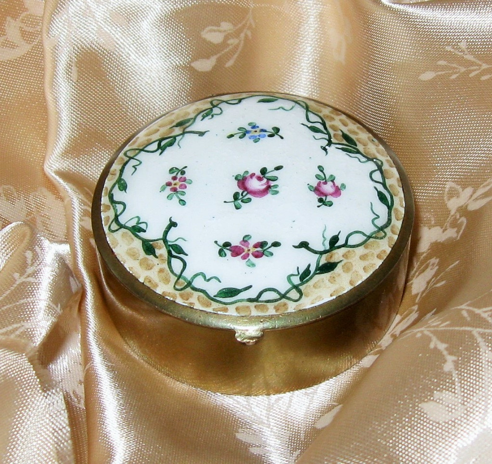 Fine Antique Brass & Hand Painted Floral Enamel Box-hinged Mirrored Box ...