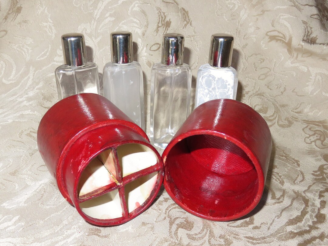Antique Leather Cased Perfume Bottles Caddy - Vanity Scent Bottles ...