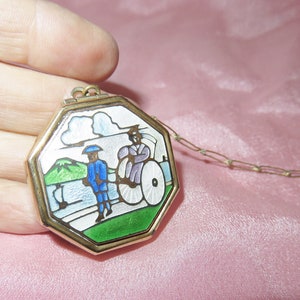 Antique Enamel Finger Ring Dance Compact Hinged Brass Chatelaine ...