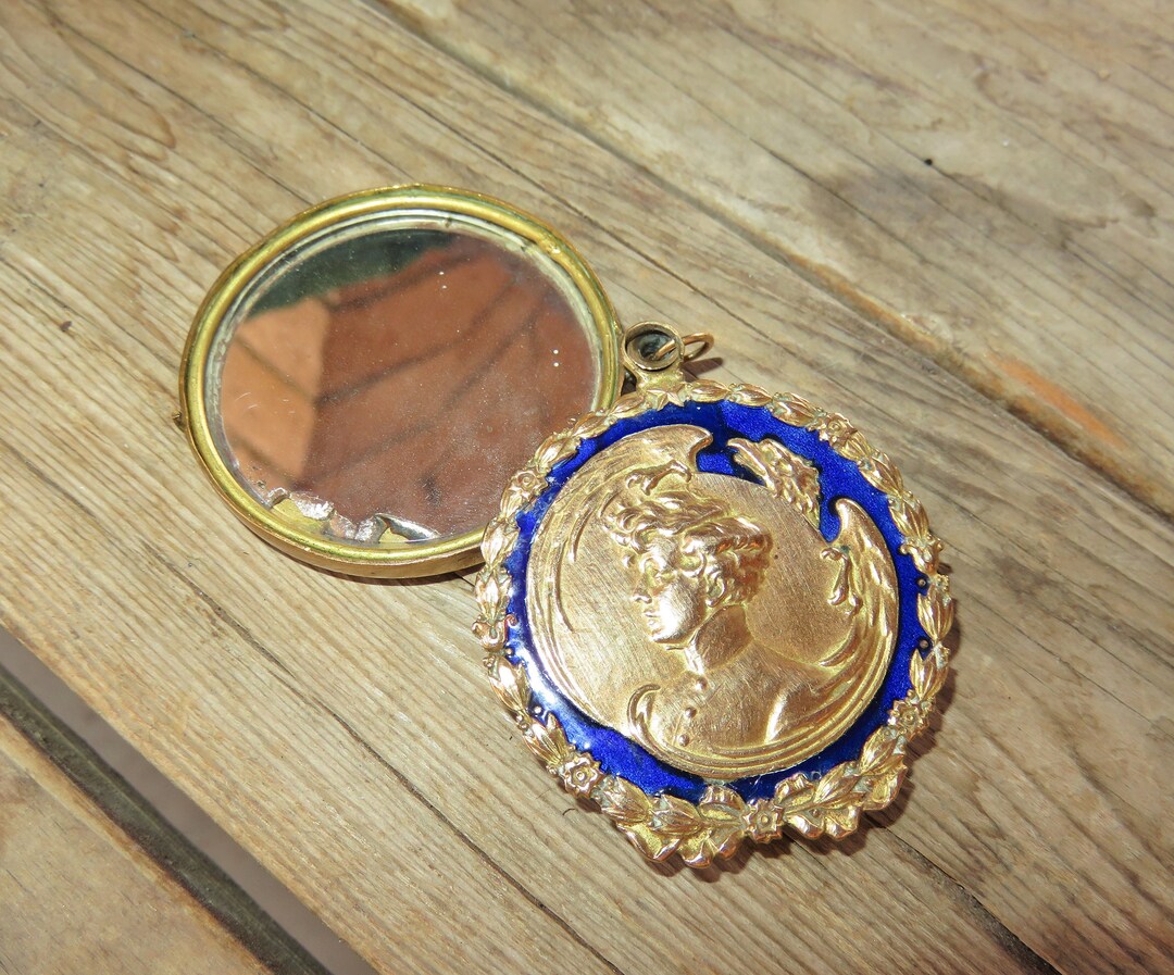 Antique French Compact Mirror Pendant - Art Nouveau Sliding Mirror ...