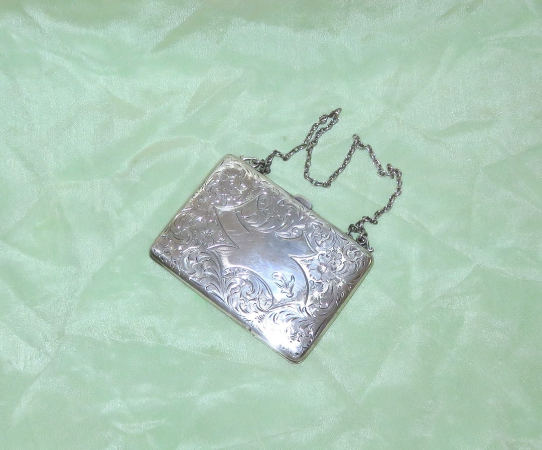 Antique Sterling Silver Engraved Calling Card Purse With Chain Handle ...