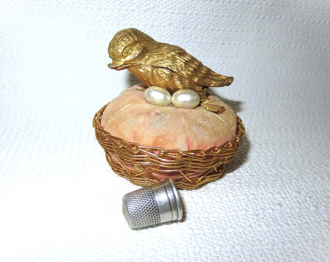 Vintage Hinged Gold Bird on Nest Thimble Holder Pin Cushion & Sterling ...