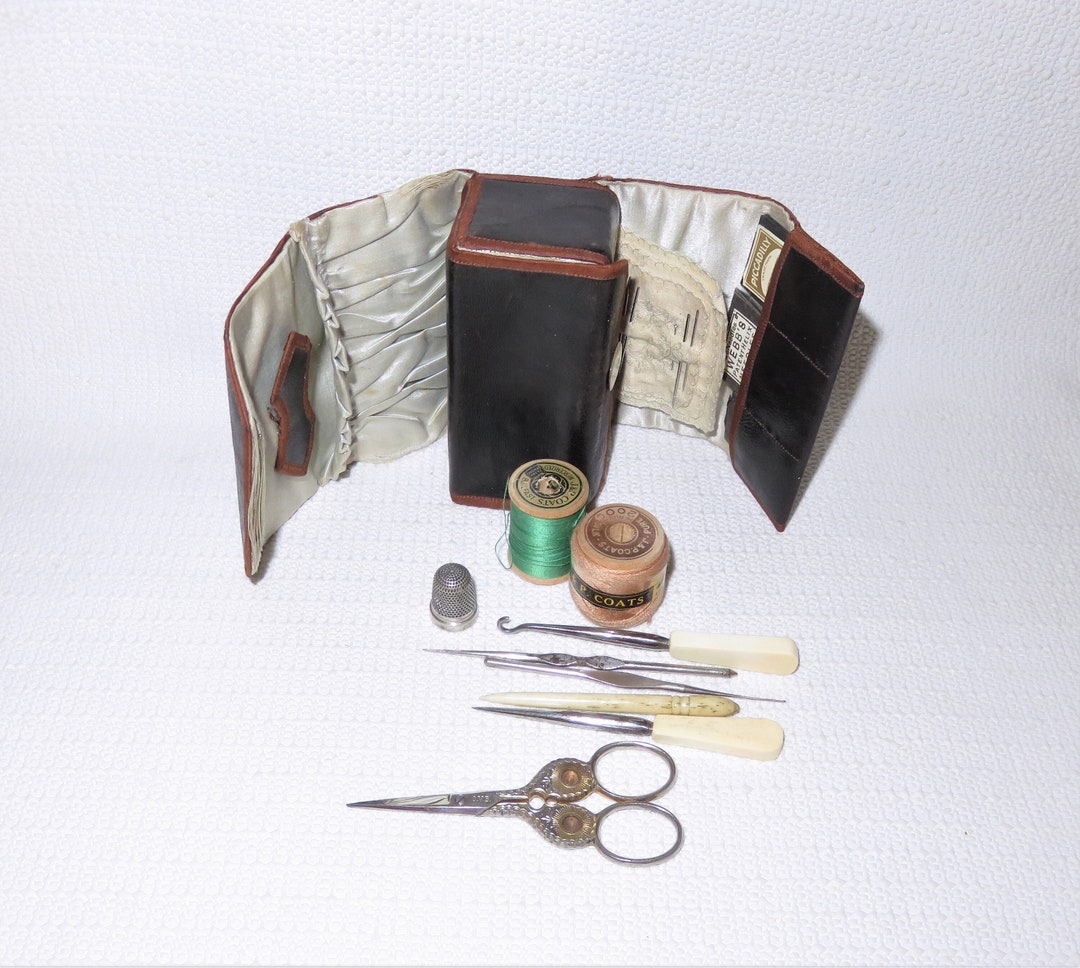 Antique Shaker Leather & Silk Sewing Box With Thimble Holder Scissors ...