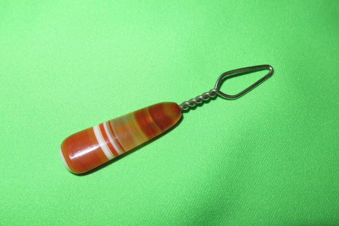 Antique Polished Banded Agate Handle Carved Button Hook-silver Metal ...