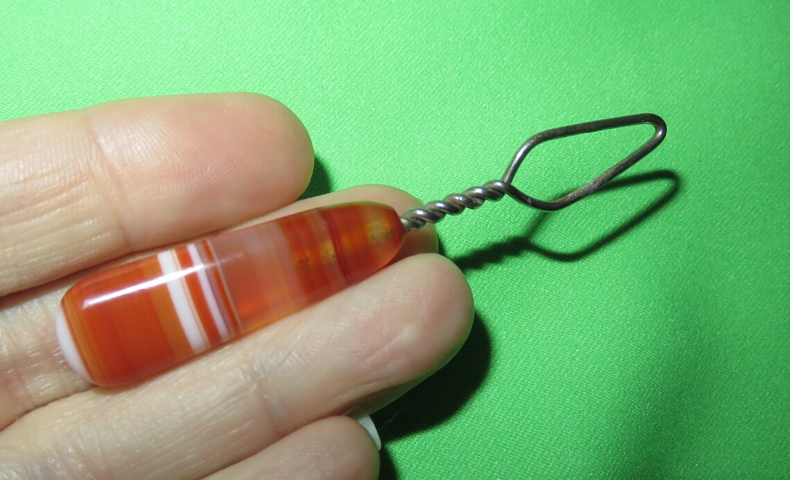 Antique Polished Banded Agate Handle Carved Button Hook-silver Metal ...