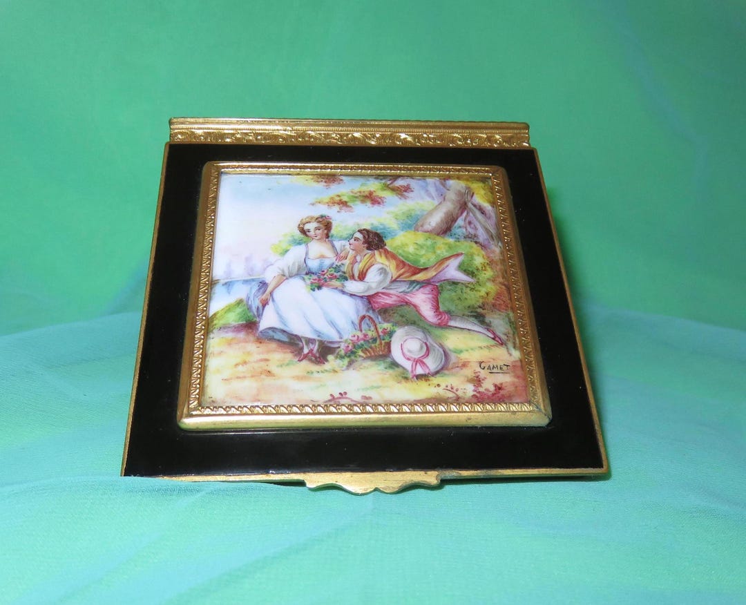 Antique French Compact Case - Hand Painted Courting Scene - Hand ...