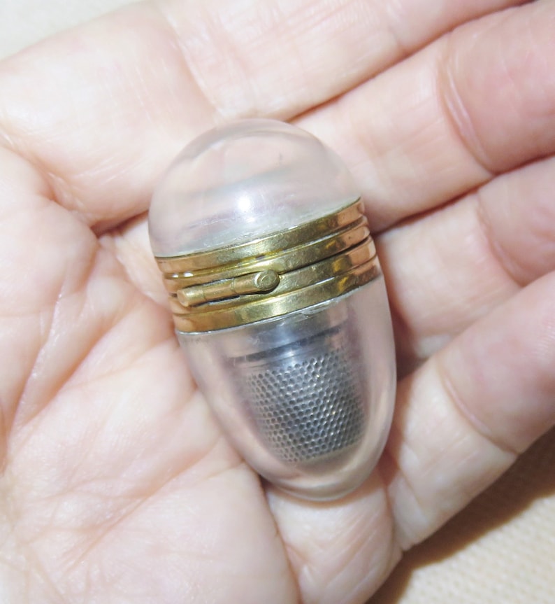Antique Child's Sterling Silver Thimble & Hinged Brass Mounted Egg Form ...