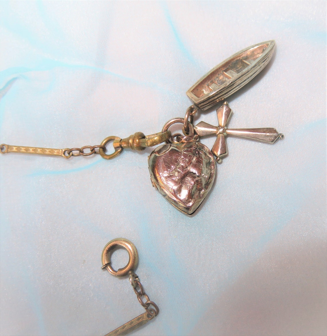 Antique Gold Filled Pocket Watch Chain and Three Fobs - Heart Locket ...