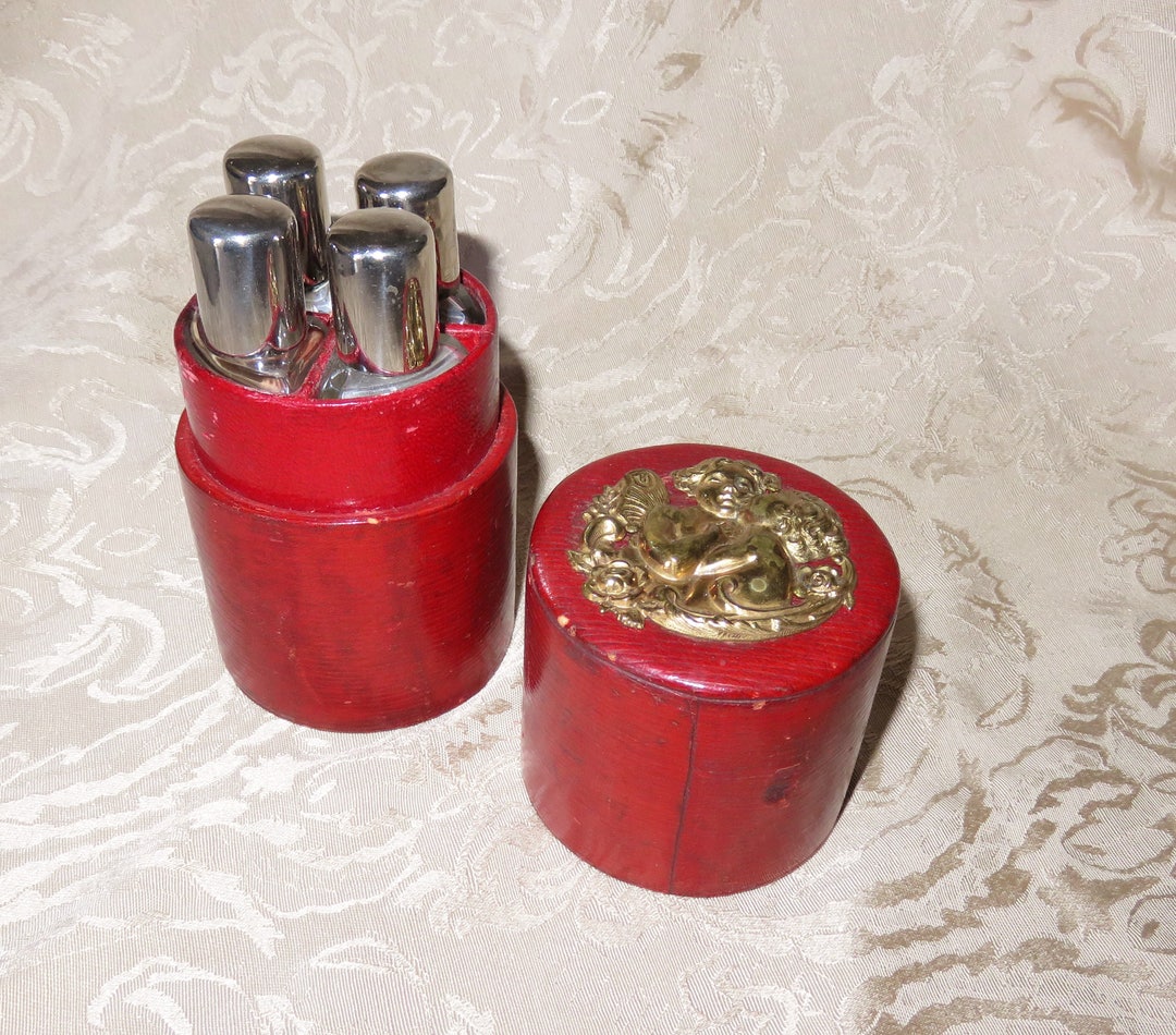 Antique Leather Cased Perfume Bottles Caddy Vanity Scent Bottles ...