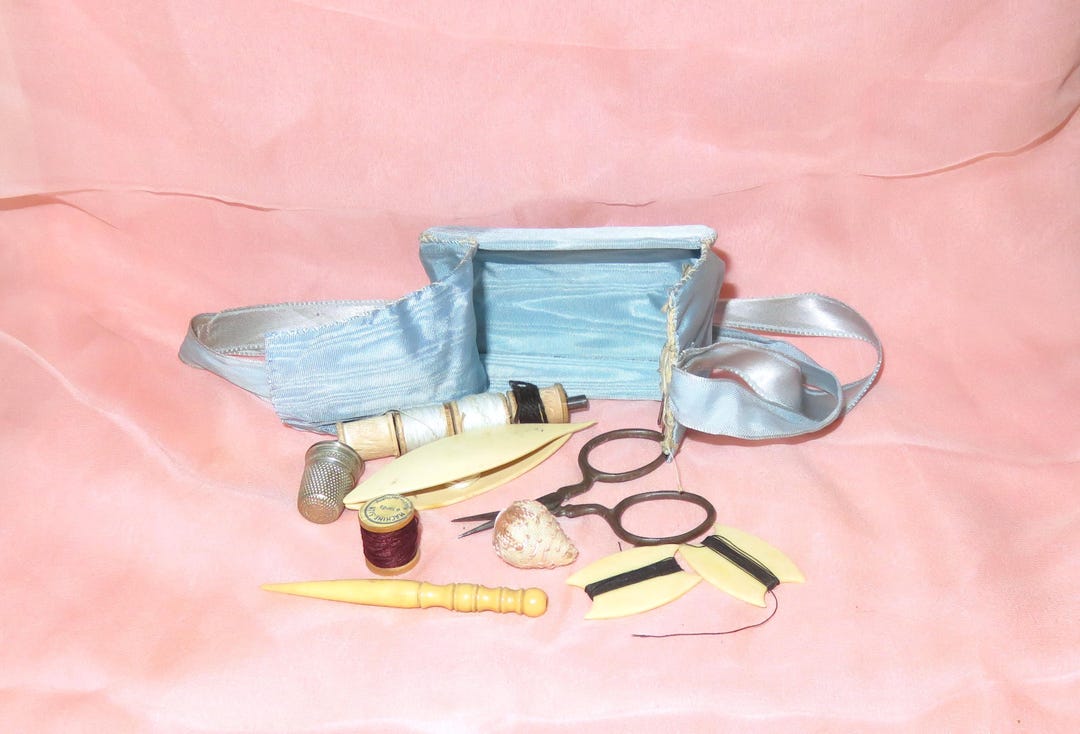 Victorian Hand Made Moire Ribbon Sewing Etui & Tools - Strawberry Emery ...