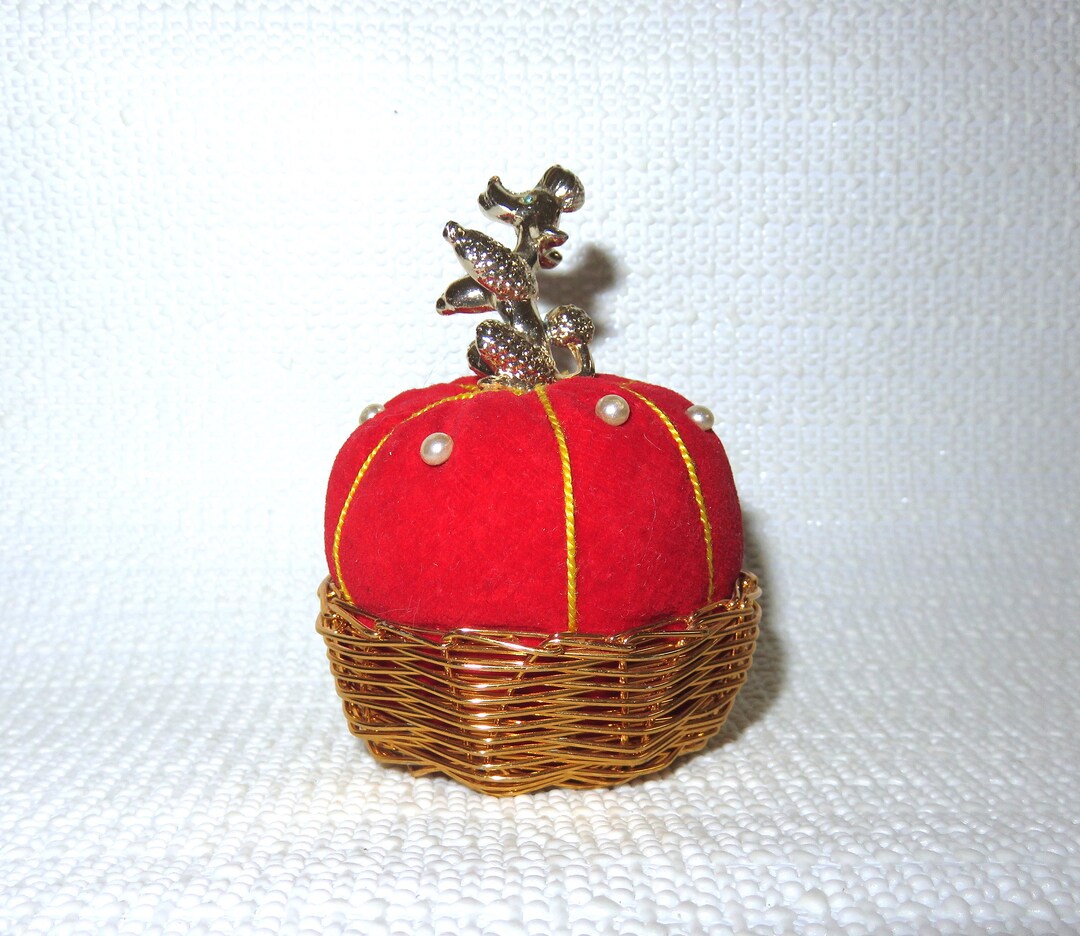 Vintage Red Velvet Pin Cushion With Golden Poodle - Woven Basket ...