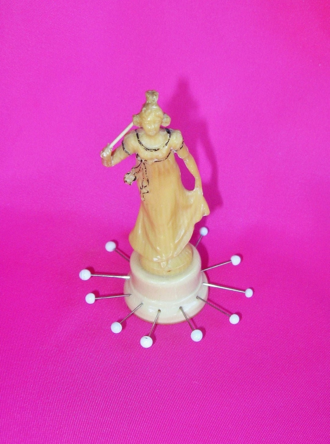 Rare Antique Celluloid Lady Sewing Pin Keep Holder Stand & 12 Glass ...