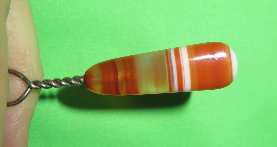 Antique Polished Banded Agate Handle Carved Button Hook-silver Metal ...