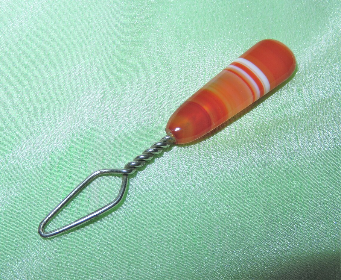 Antique Polished Banded Agate Handle Carved Button Hook-silver Metal ...