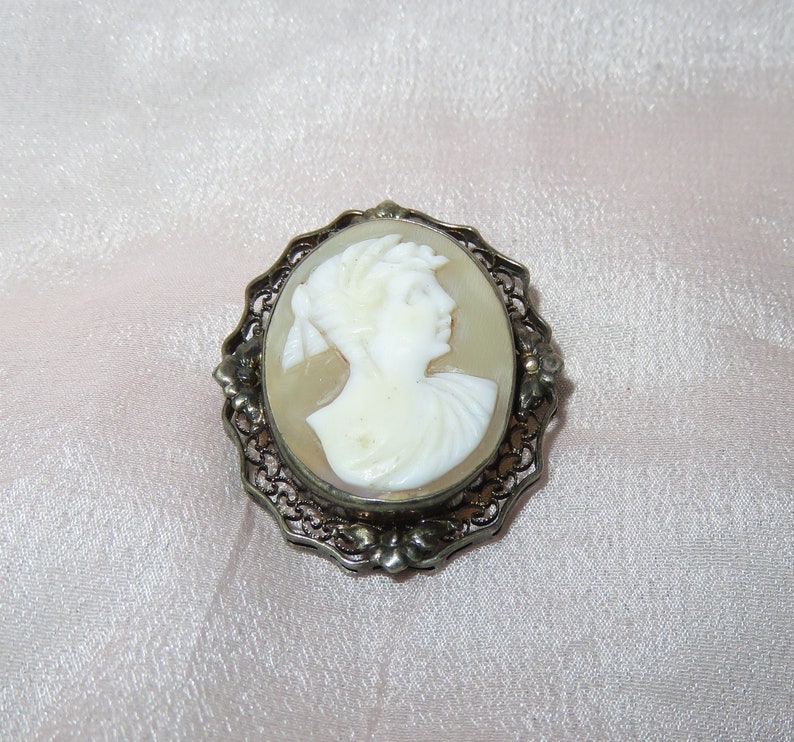 Antique 800 Gilt Silver Greek God Carved Shell Cameo Brooch - Relief ...