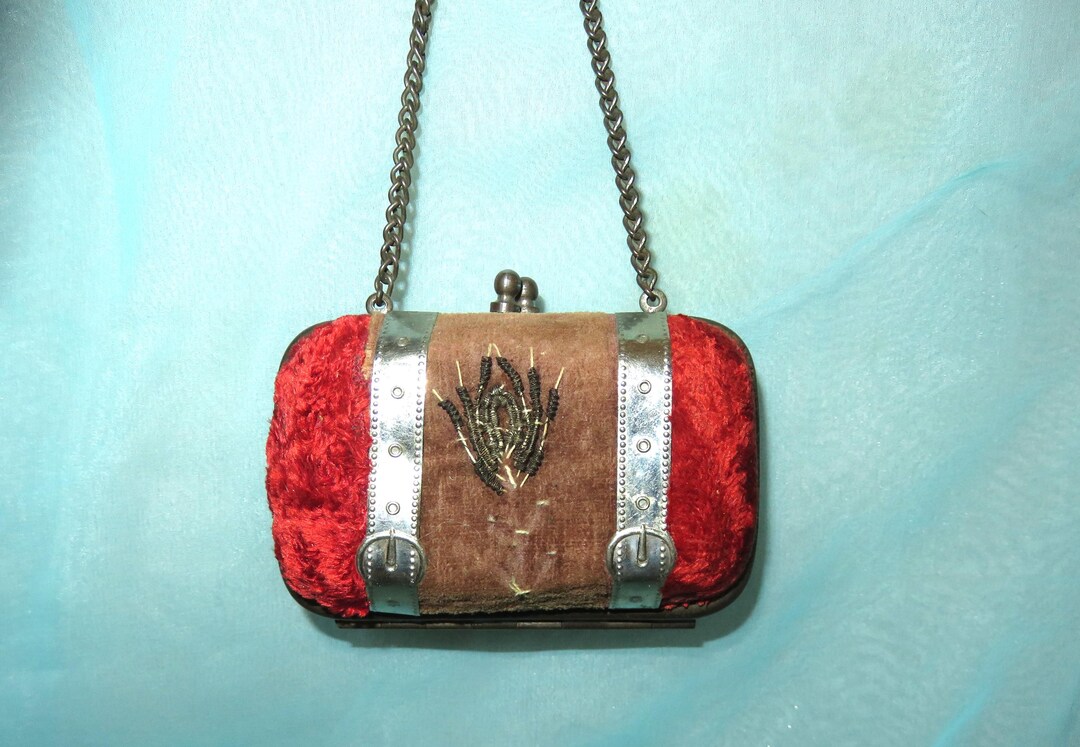 Antique Velvet Valise Style Coin Purse With Chain Handle - Victorian ...