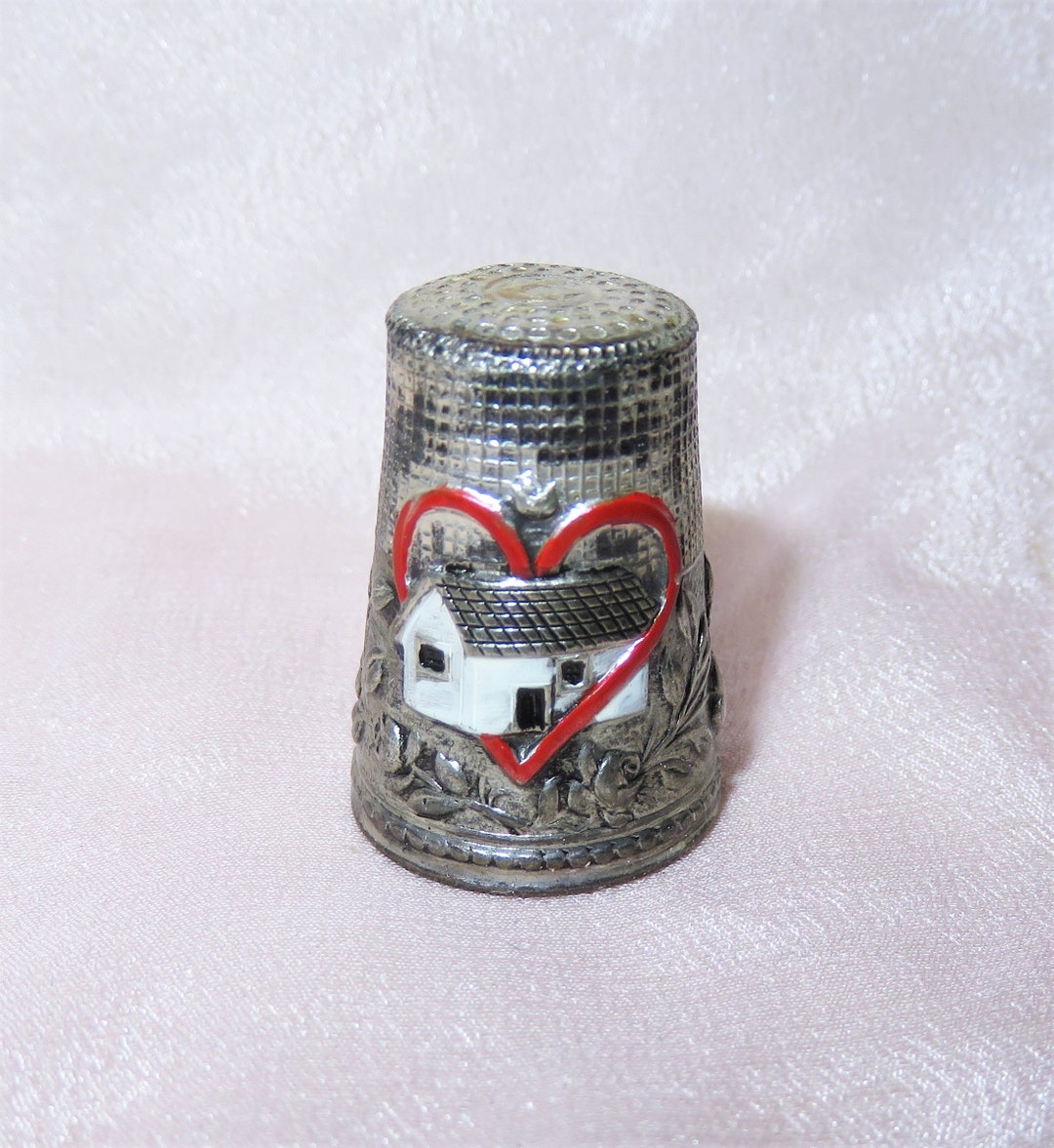 Vintage Silver Enamel Thimble - Relief Home & Heart With Flowers and ...