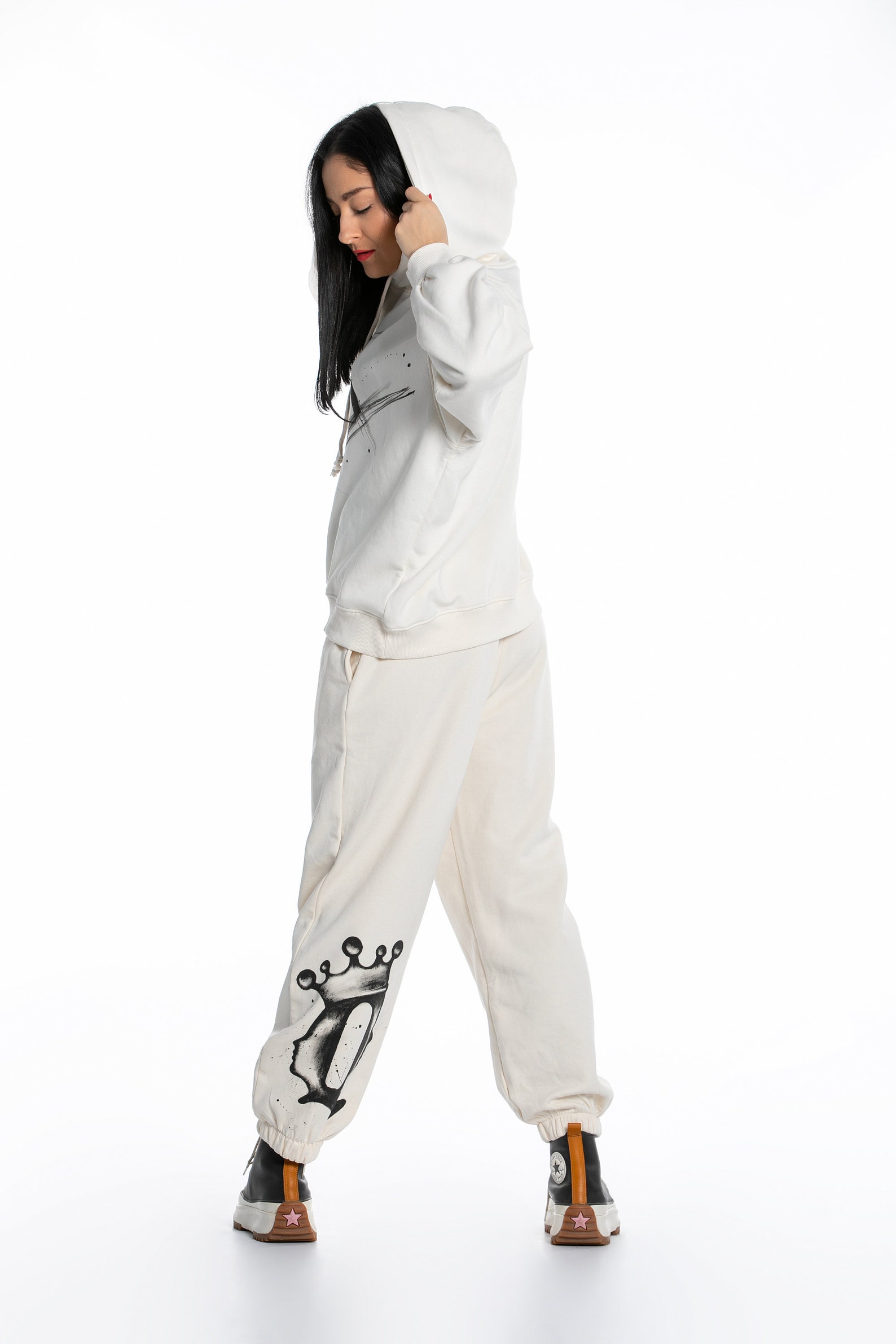 White Hoodie and Pants Matching Set, Stylish Loungewear Women Clothing ...
