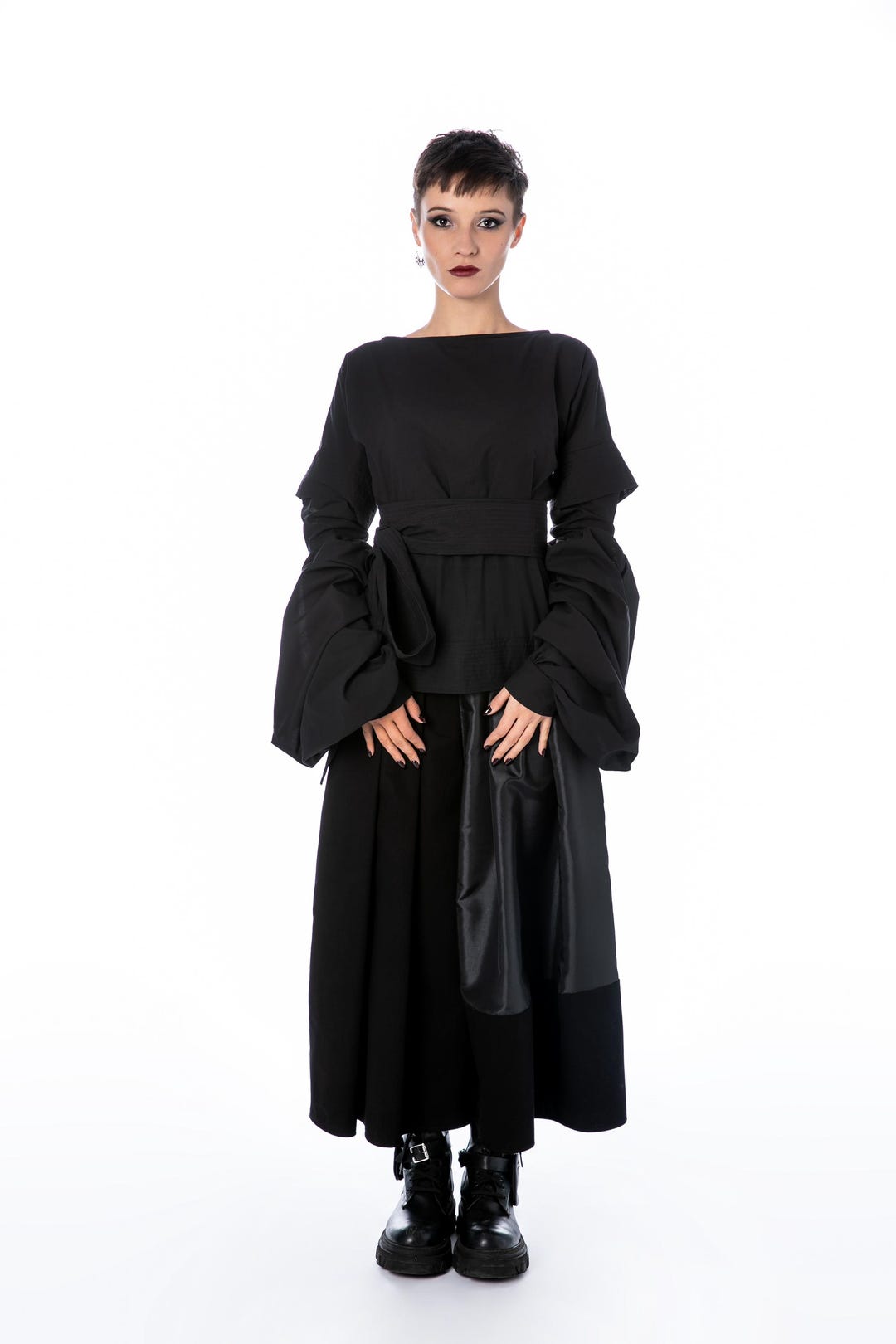 Japanese-inspired Top With Statement Volume Sleeves and Wide Belt ...