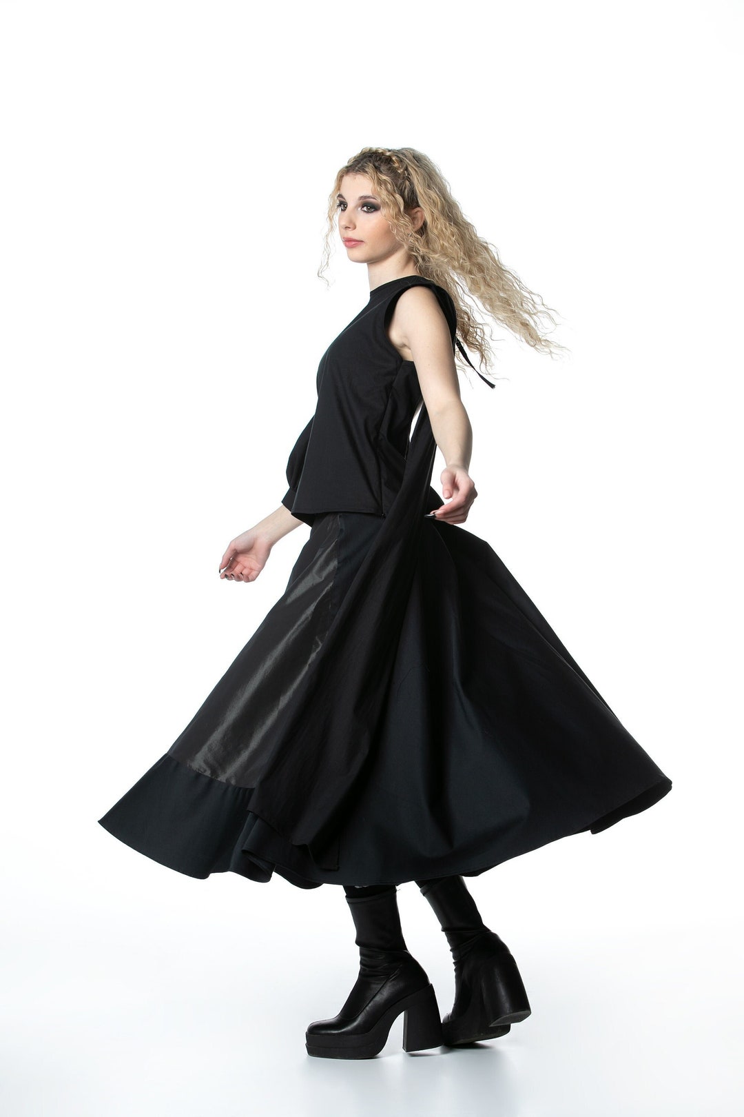 Long Black Skirt Cotton and Taffeta, Mid Calf Skirt, Taffeta Skirt With ...
