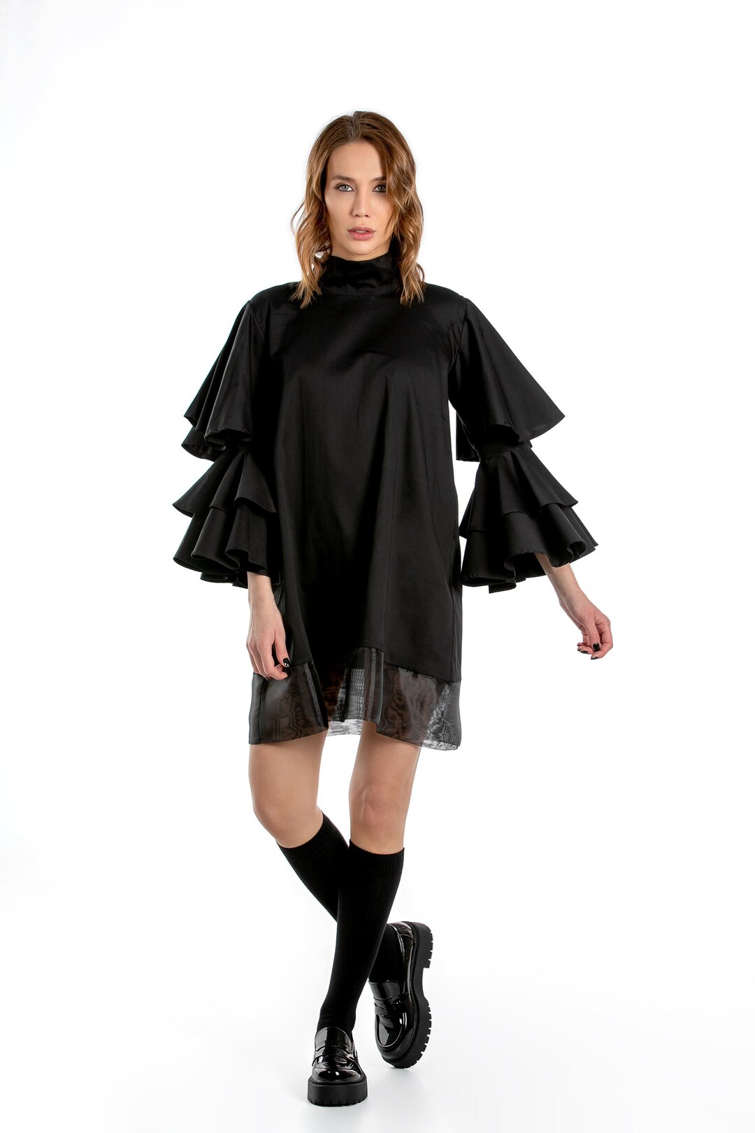 Black Deconstructed Dress With Chiffon Detail, Short Dress With ...