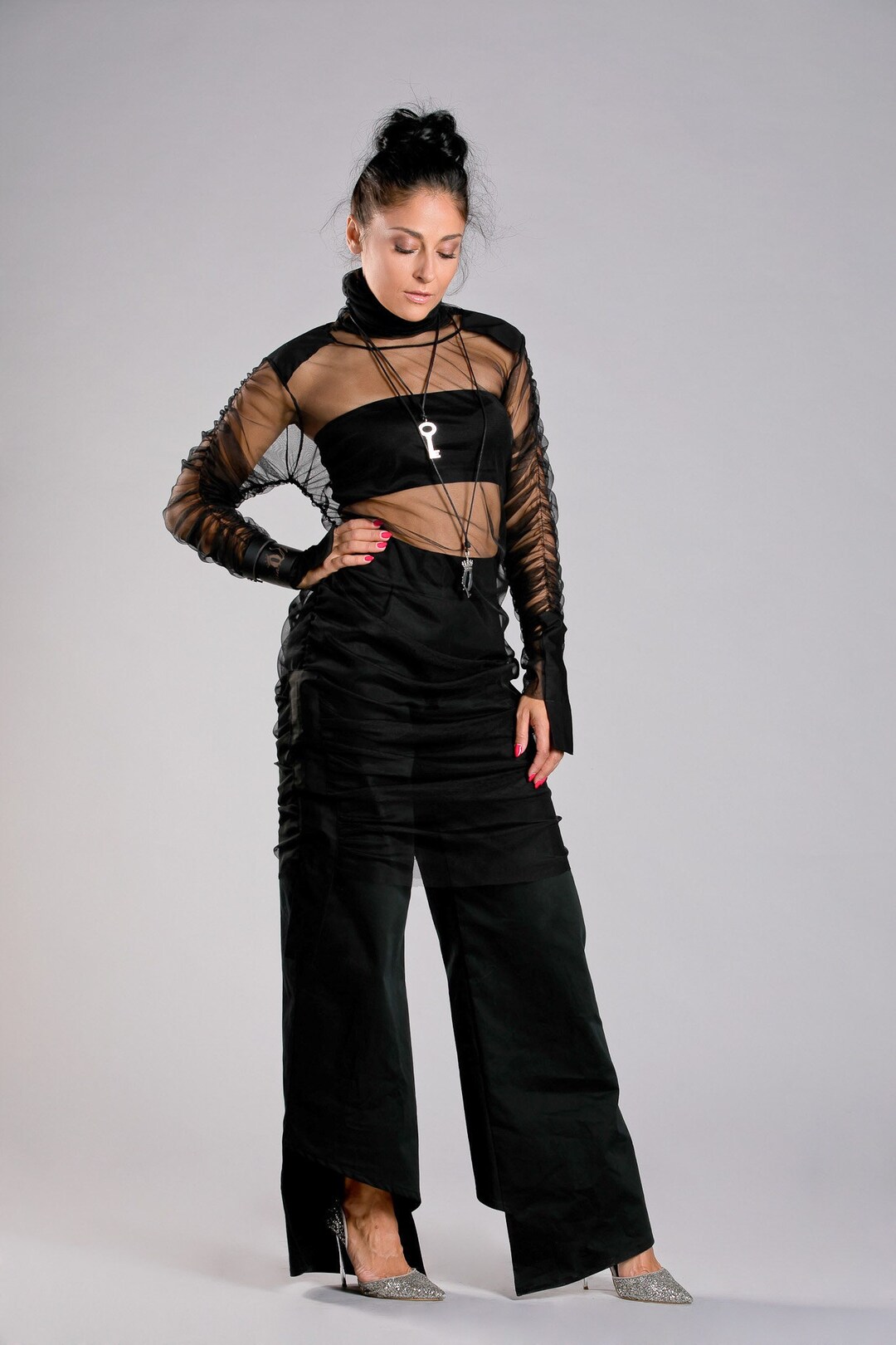Black Tulle Top and Matching Wide Leg Pants, See Trough Blouse and High ...