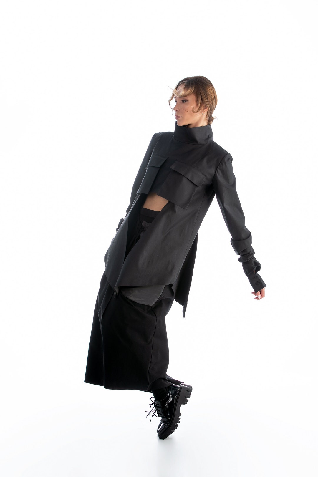 Black Asymmetrical Top, Turtleneck Crop Top With Long Back, Avant Garde ...