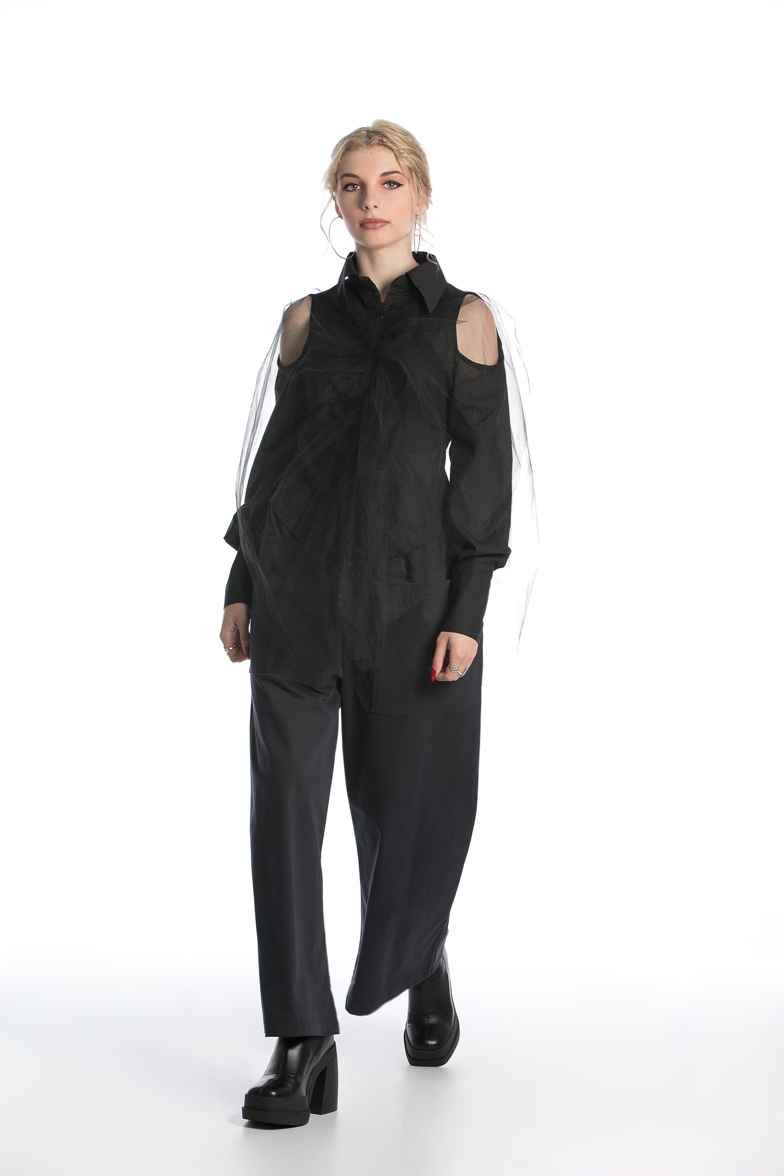 Avant Garde Shirt With Open Shoulders and Tulle Details, High Collar ...