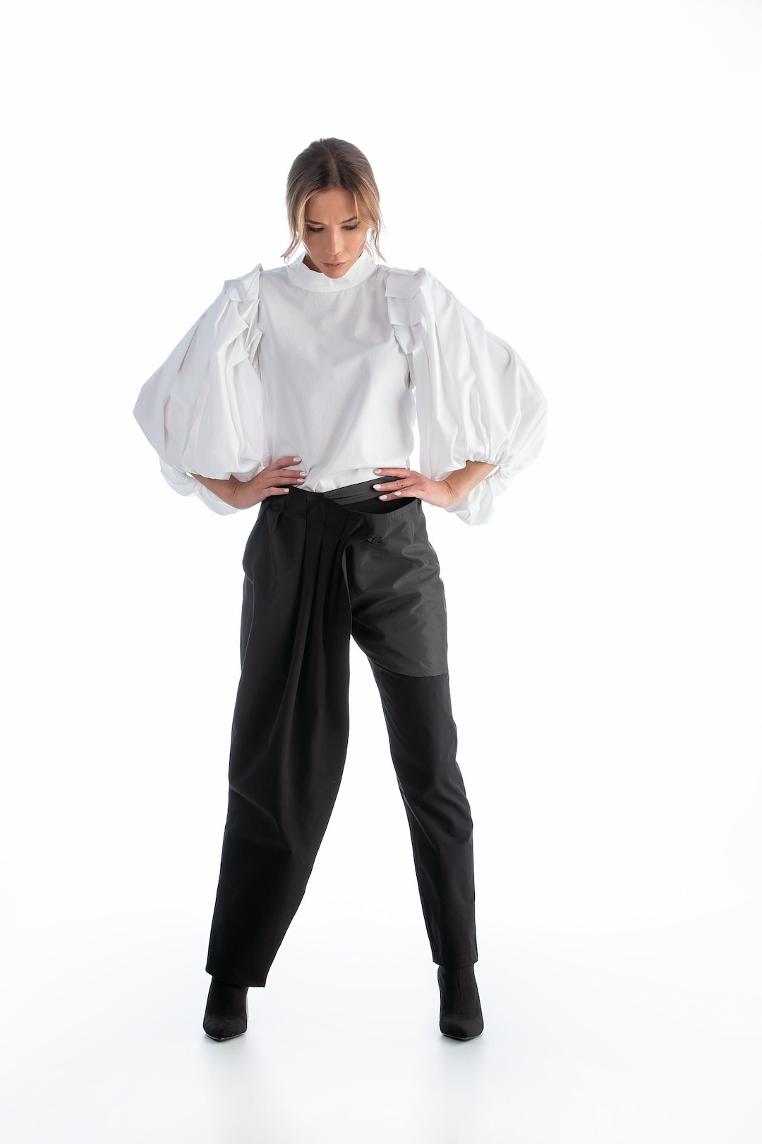 Asymmetric Black Trousers With Taffeta Pocket, Regular Fit Pants With ...