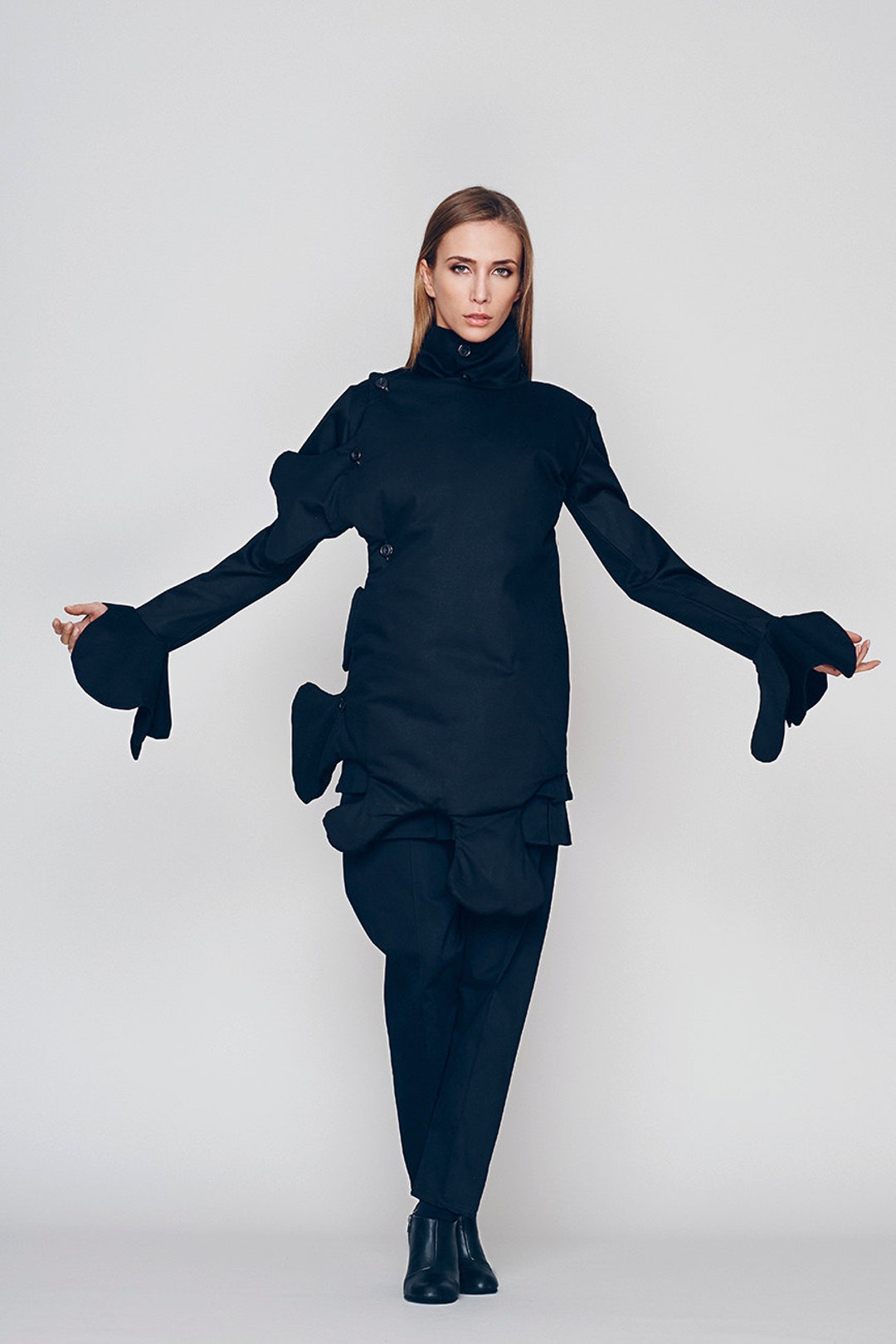 Avant Garde Jacket, Navy Blue Turtleneck Jacket, Deconstructed Overcoat ...