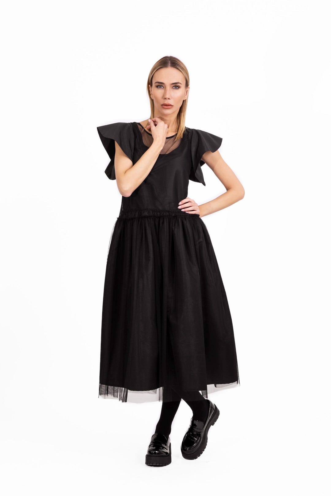 Classic Dress With Transparent Sleeves and Tulle Overdress, Black A ...