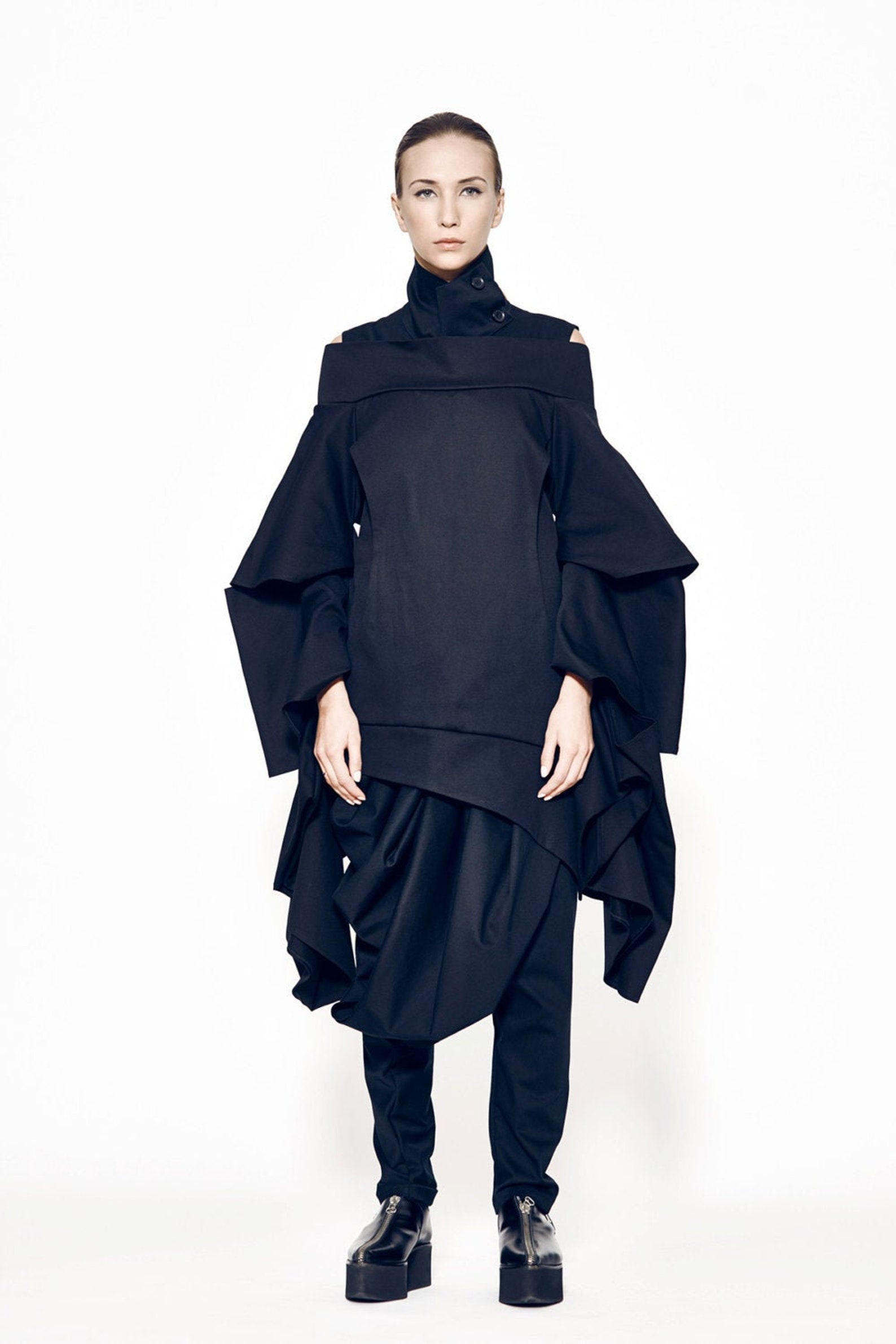 Black Deconstructed Top With Statement Sleeves, Avant Garde Top, High ...