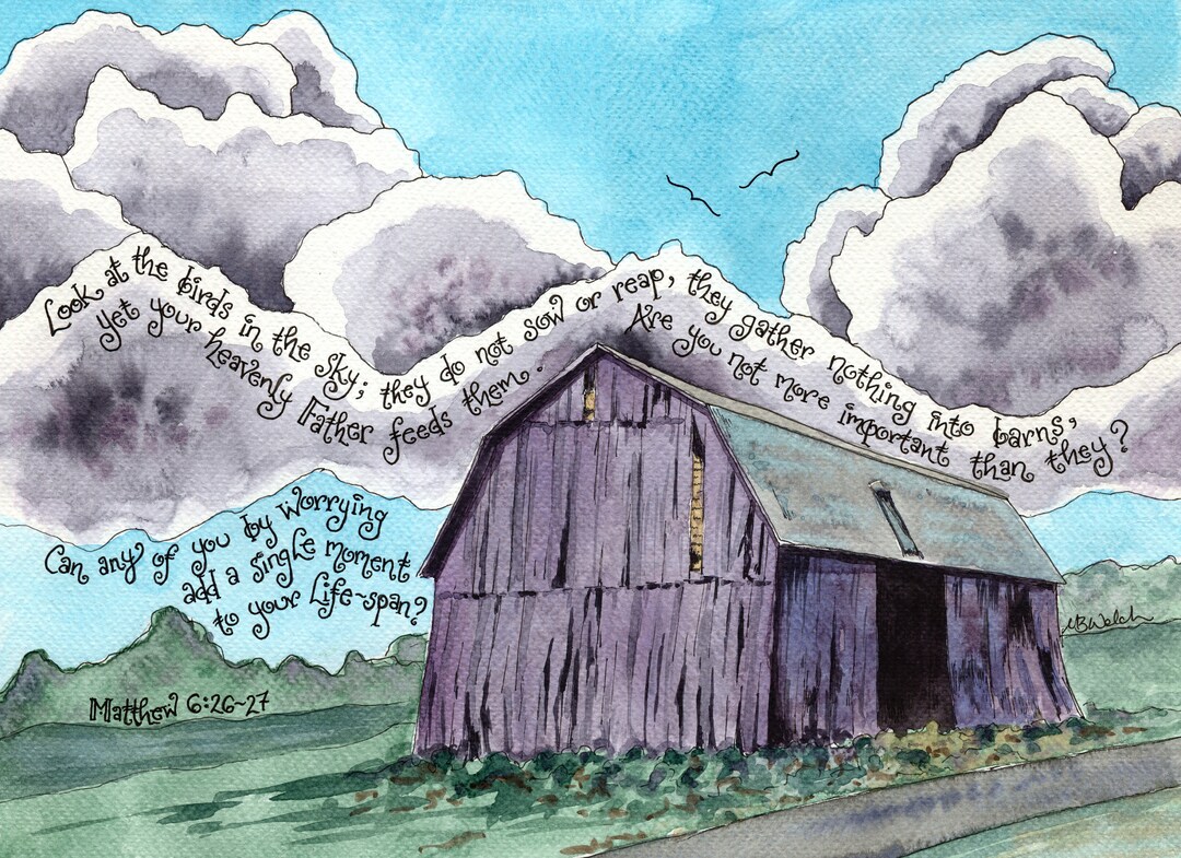 Matthew 6 With Old Barn, Birds - Sermon on the Mount Art Print ...