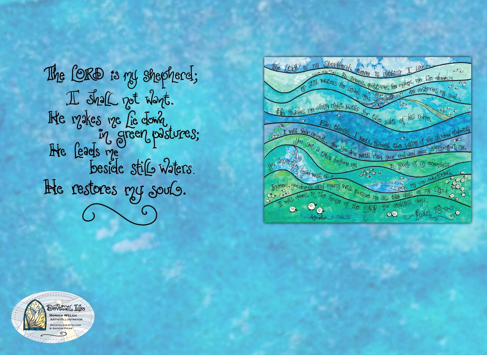 Psalm 23 Whimsical Scripture Art, Watercolor Christian Art, Green Blue ...