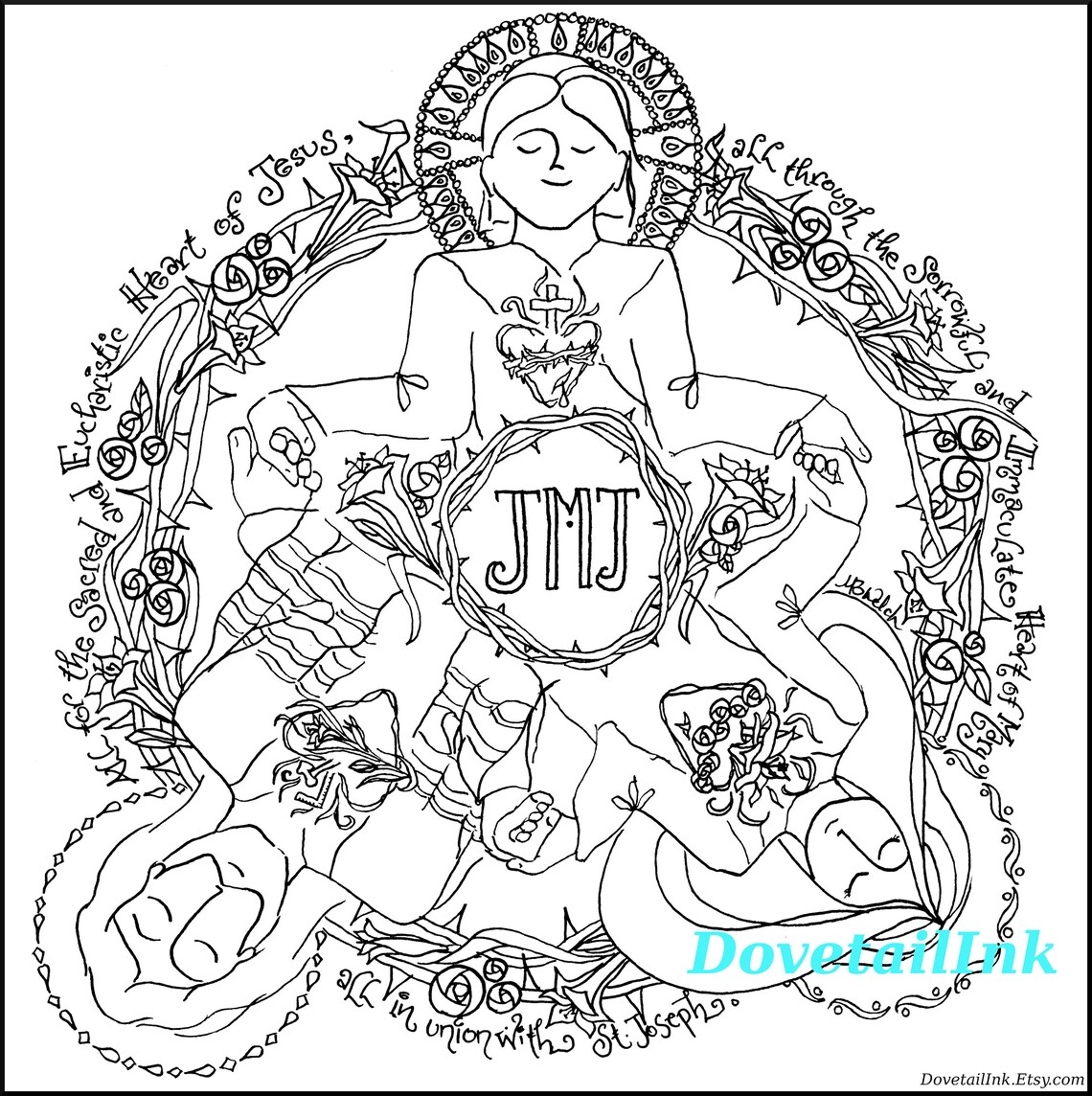 Holy Family Coloring Page for All Ages With Sacred Heart - Etsy
