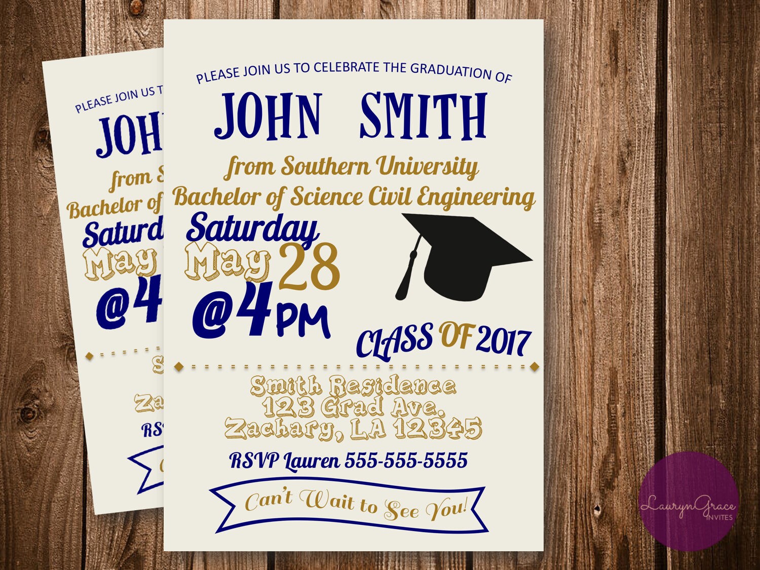 Blue and Gold Graduation Invitation Printable grad party | Etsy
