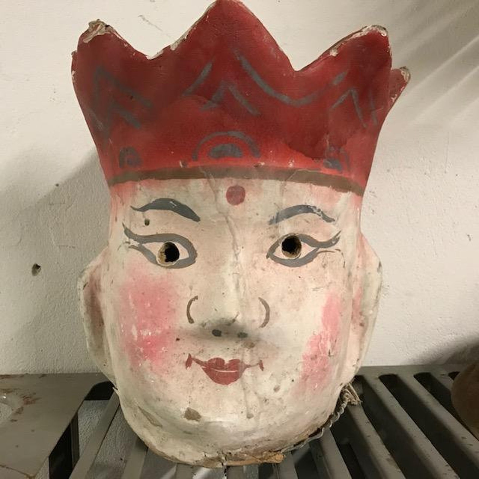 Pair of Antique Chinese Paper Mache Masks With Wax Makers Mark or Tax ...