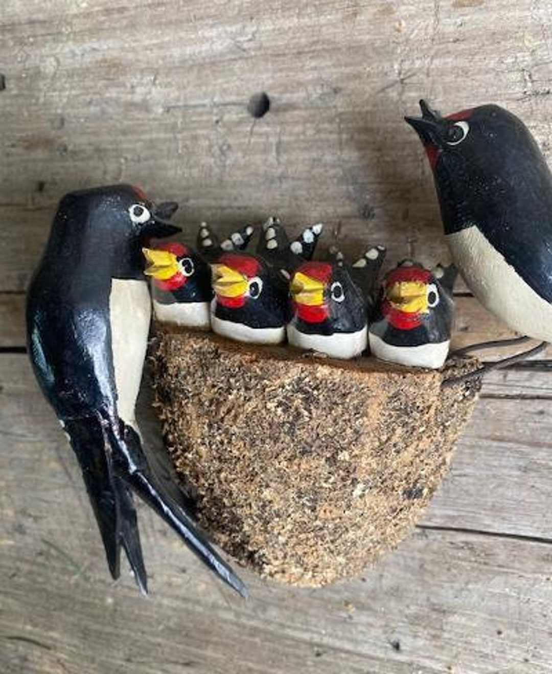 Wood Carved Swallows With Nest and Babies Folk Art - Etsy