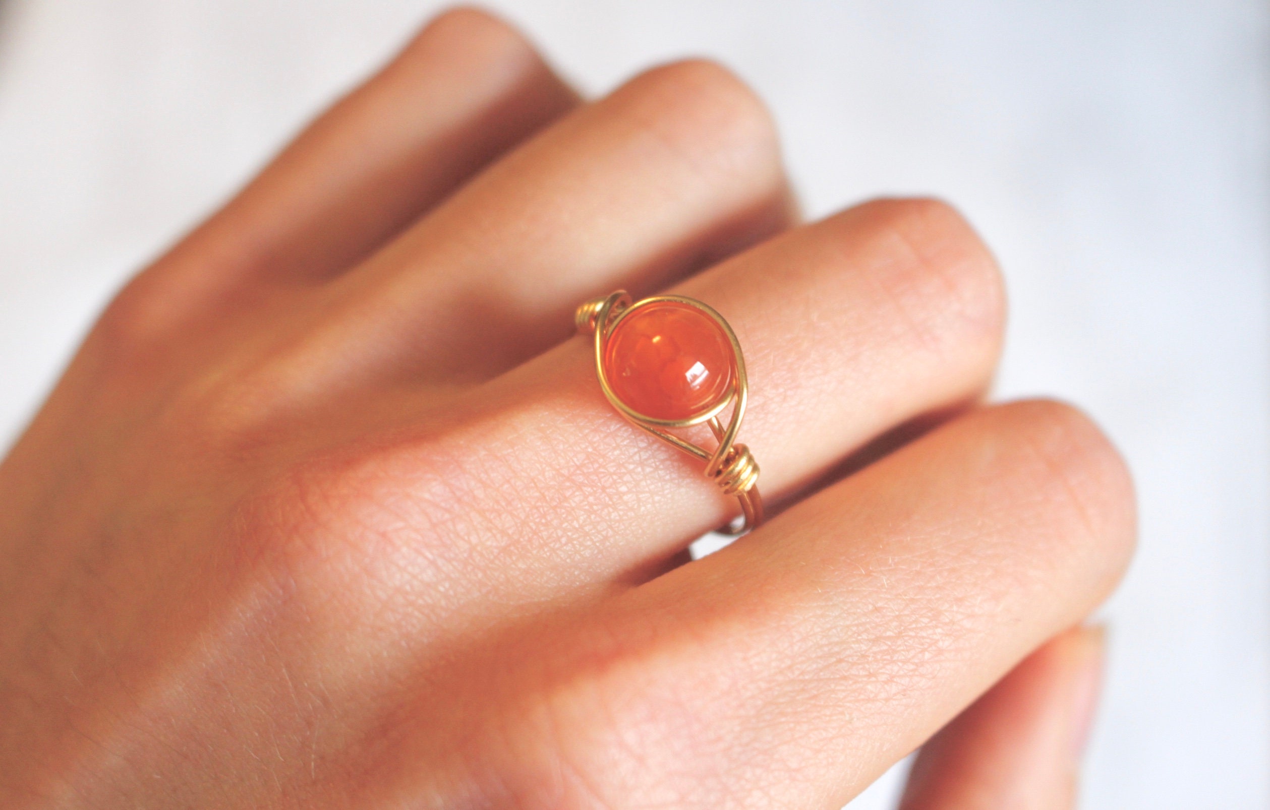 Quartzite Ring, Agate Ring, Orange Stone Ring, Dainty Gold Ring, Wire ...