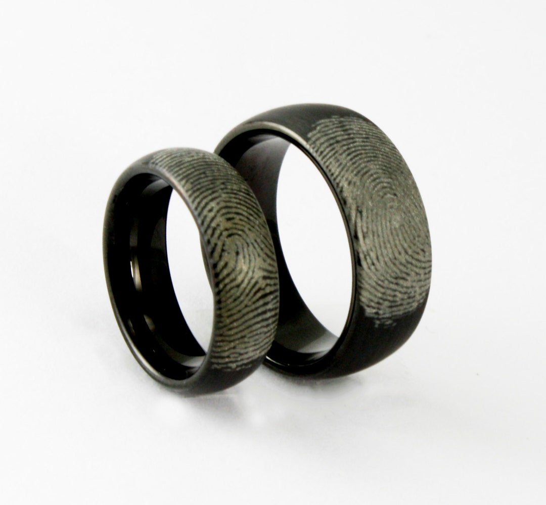 Couples Custom Engraved Black Tungsten Fingerprint Rings His and Hers Matching Promise Ring Set ...