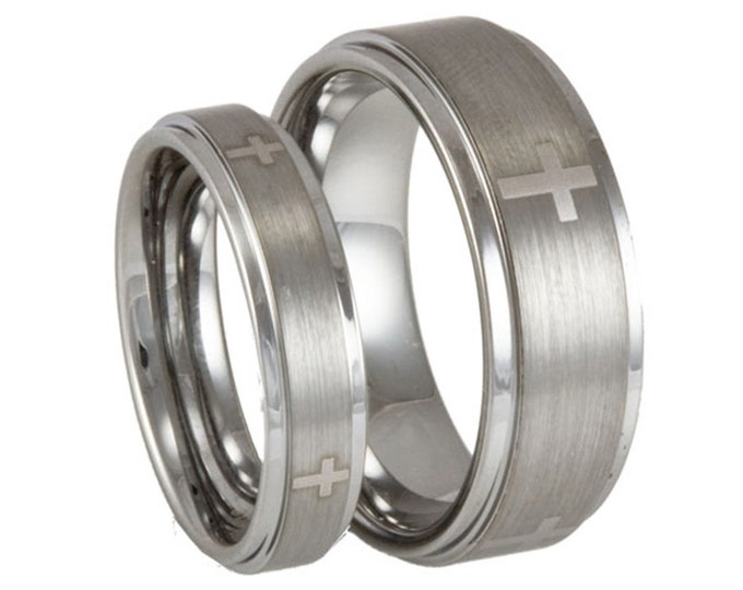 Couples Matching Christian Cross Bands Tungsten Stepped Edge Wedding ...