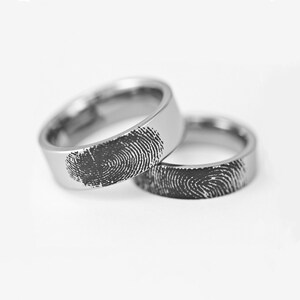 Couples Custom Engraved Pipe Cut Tungsten Fingerprint Rings His and ...