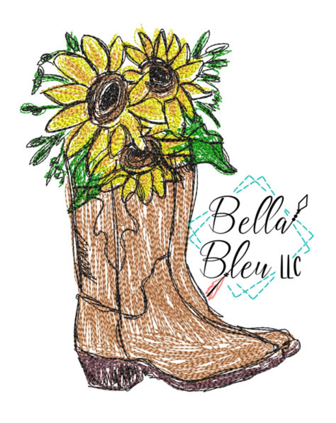 Cowboy Boot Flowers Sketchy Embroidery Design - Sunflowers Scribble ...